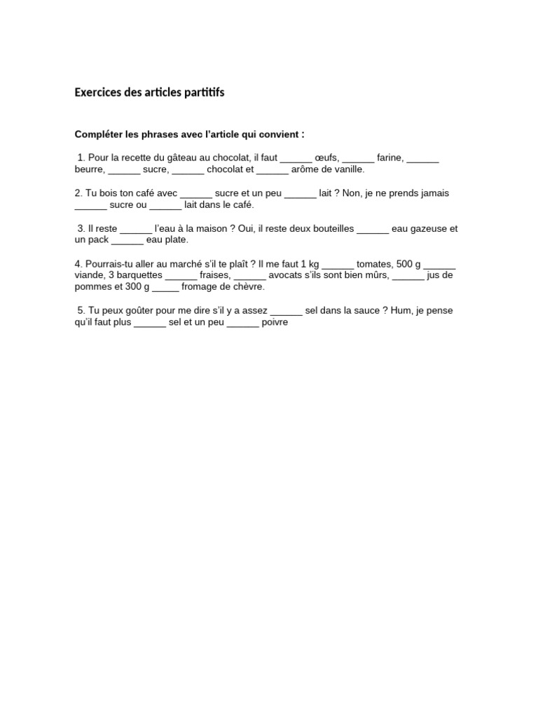 Exercices sur les articles partitifs | PDF