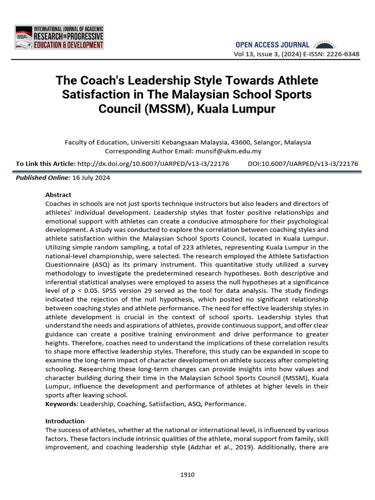 The Coachs Leadership Style Towards Athlete Satis | PDF | Quantitative Research | Science