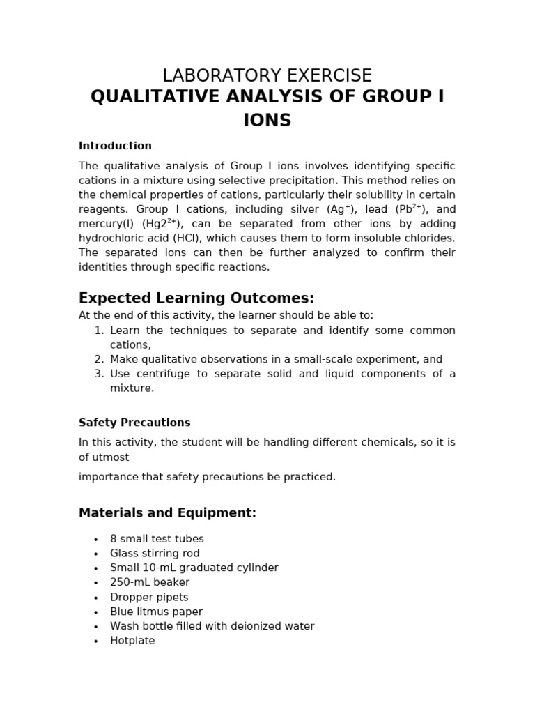 Qualitative Analysis of Group I Ions | PDF | Precipitation (Chemistry) | Chemistry