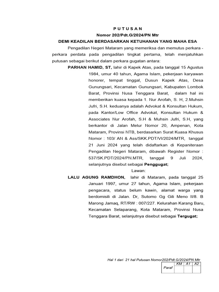 Salinan Putusan 202 PDT G 2024 PN MTR | PDF