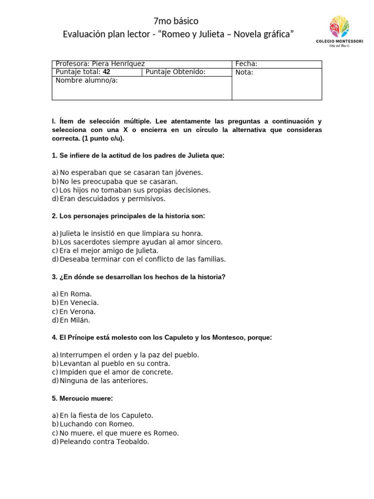 Prueba Plan Lector 7mo | PDF | Romeo y Julieta | Tragedias de Shakespeare