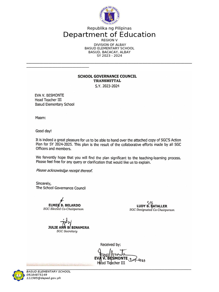 Transmittal Received Copy From School Head | PDF
