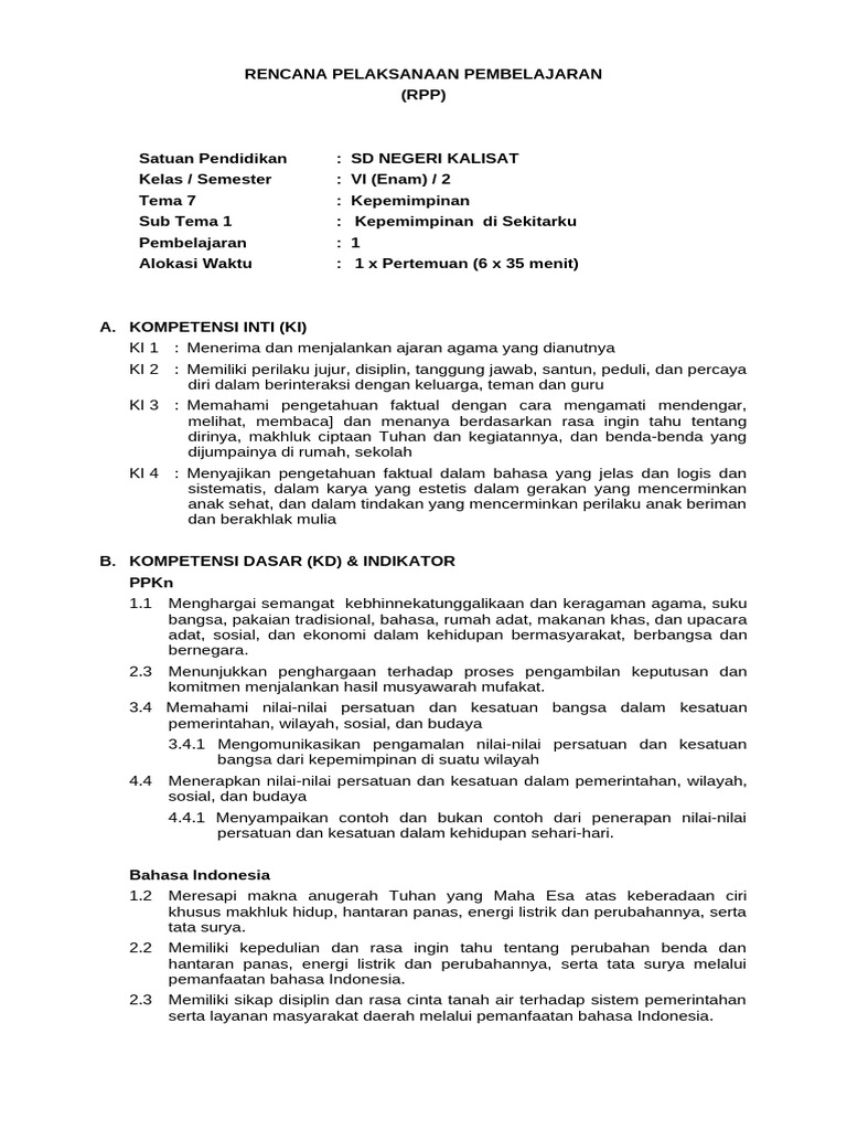 7. RPP Kelas VI Tema 7 - Kepemimpinan | PDF