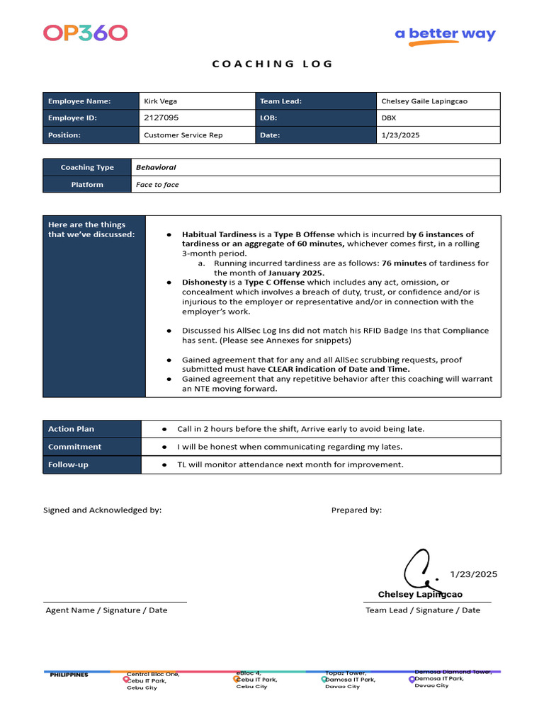 Coaching Log for Kirk Vega - January 2025 | PDF