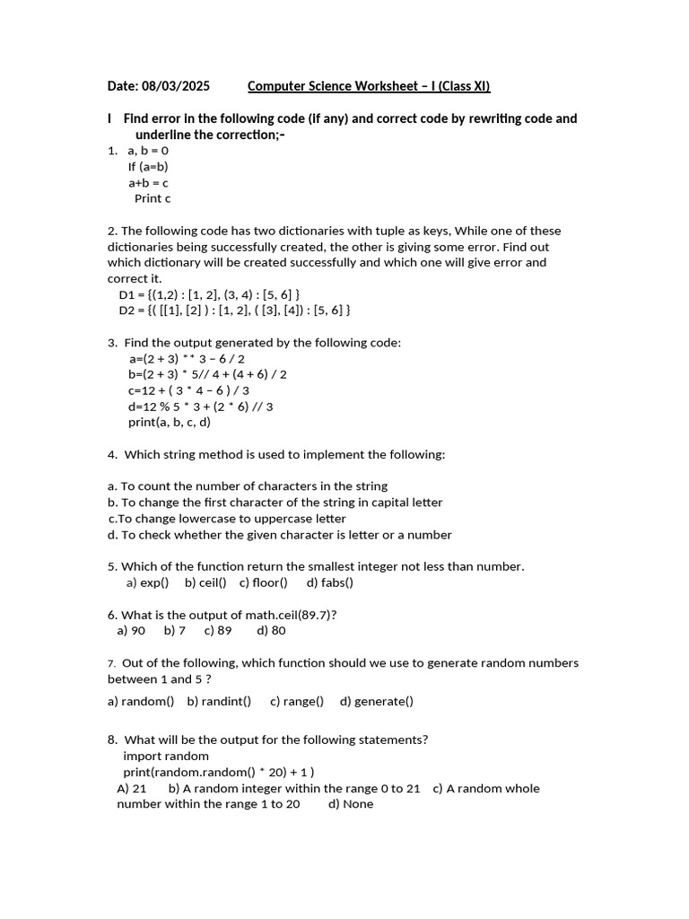 Class XI Data Science Worksheet | PDF | Computer Science | Computing