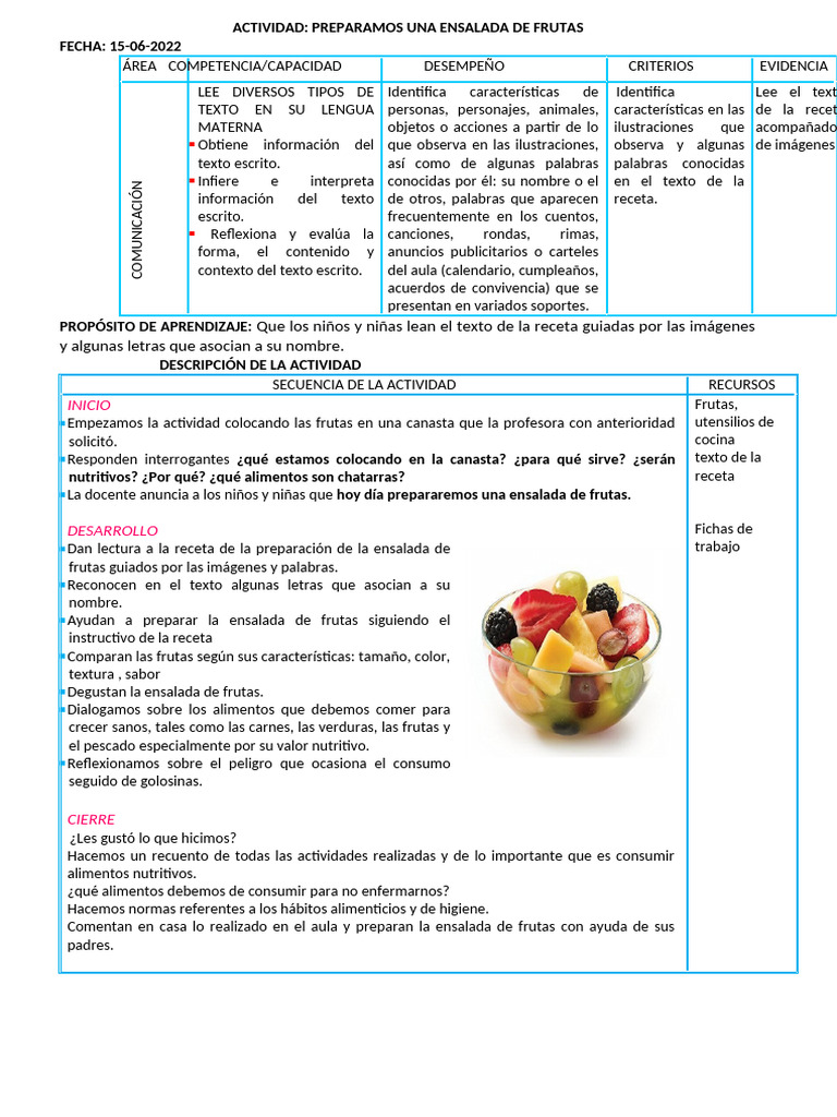 ACTIVIDAD Ensalada de Frutas | PDF | ensalada | Alimentos