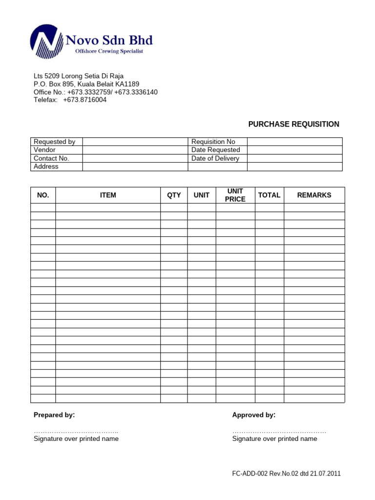 Novocrew Inc. Purchase Requisition Form | PDF