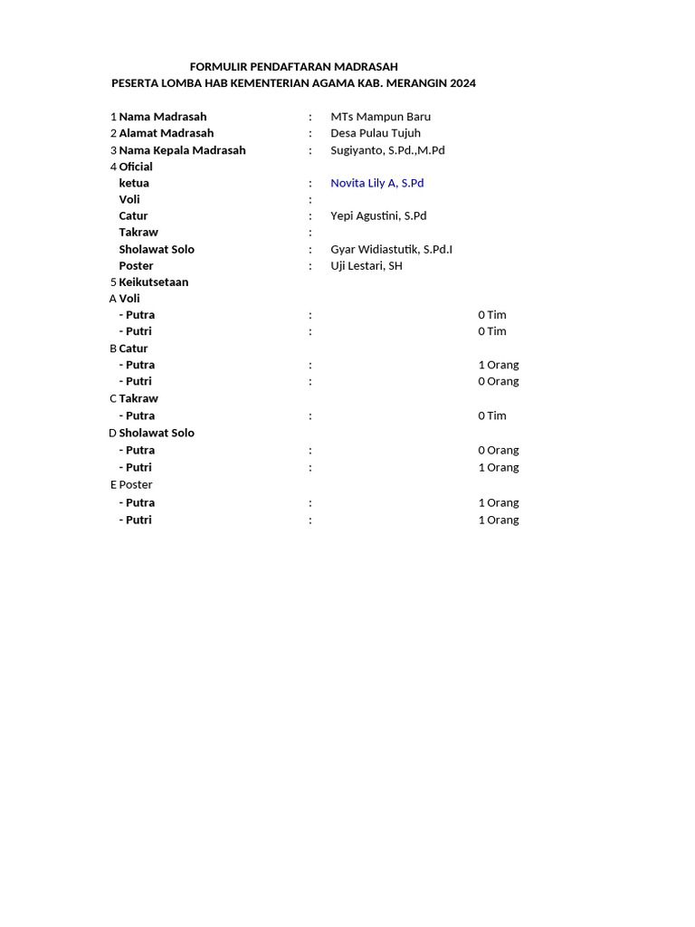 FORMULIR PENDAFTARAN - MTs Mampun Baru | PDF