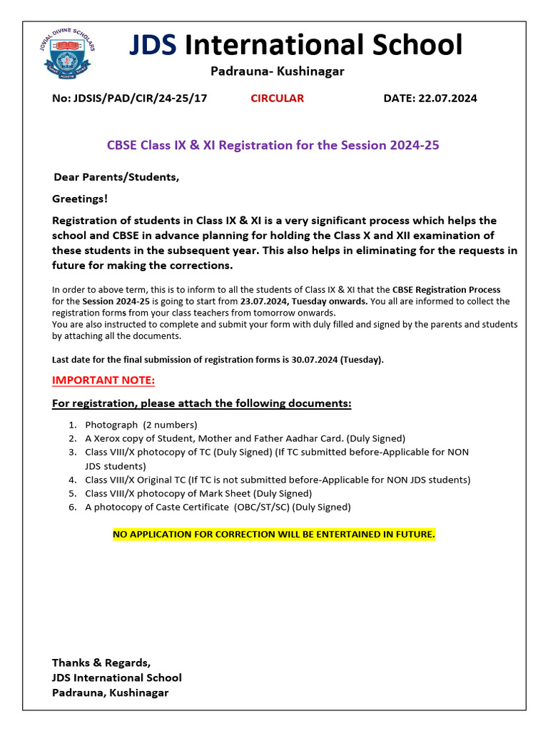 Circular 17 Regarding Cbse Class Ix & Xi Registration For 2024-25 | PDF