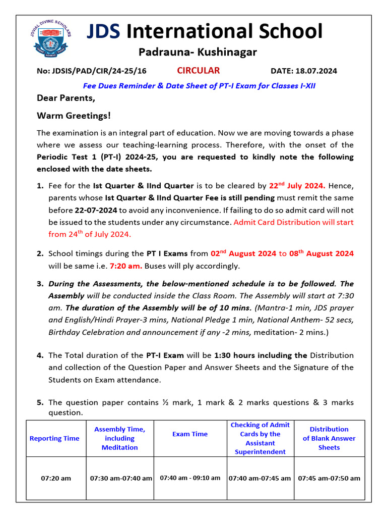 Circular 16 Regarding Fee Dues Reminder & PT I Exam Date Sheet | PDF ...