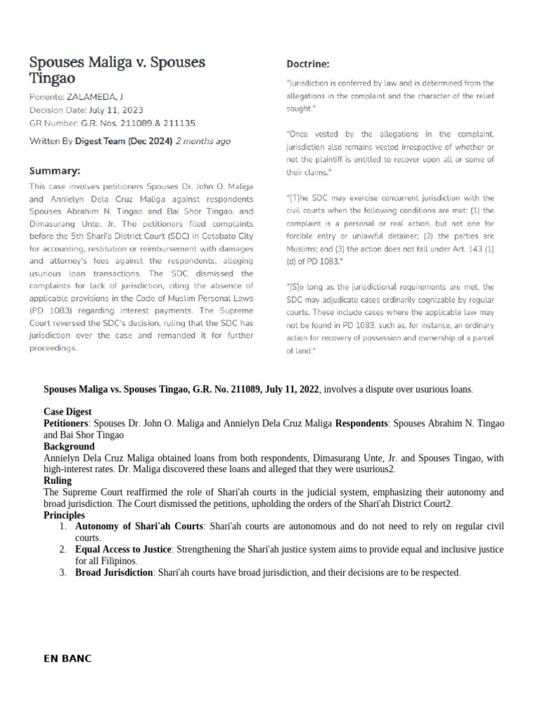Spouses Maliga v. Spouses Tingao | PDF | Sharia | Jurisdiction