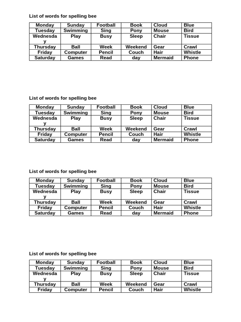 Grade 2 Spelling Bee Word List | PDF