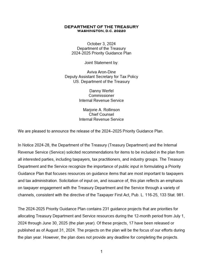 2024-2025 IRS Priority Guidance Plan | PDF | Cost Of Living | Taxes
