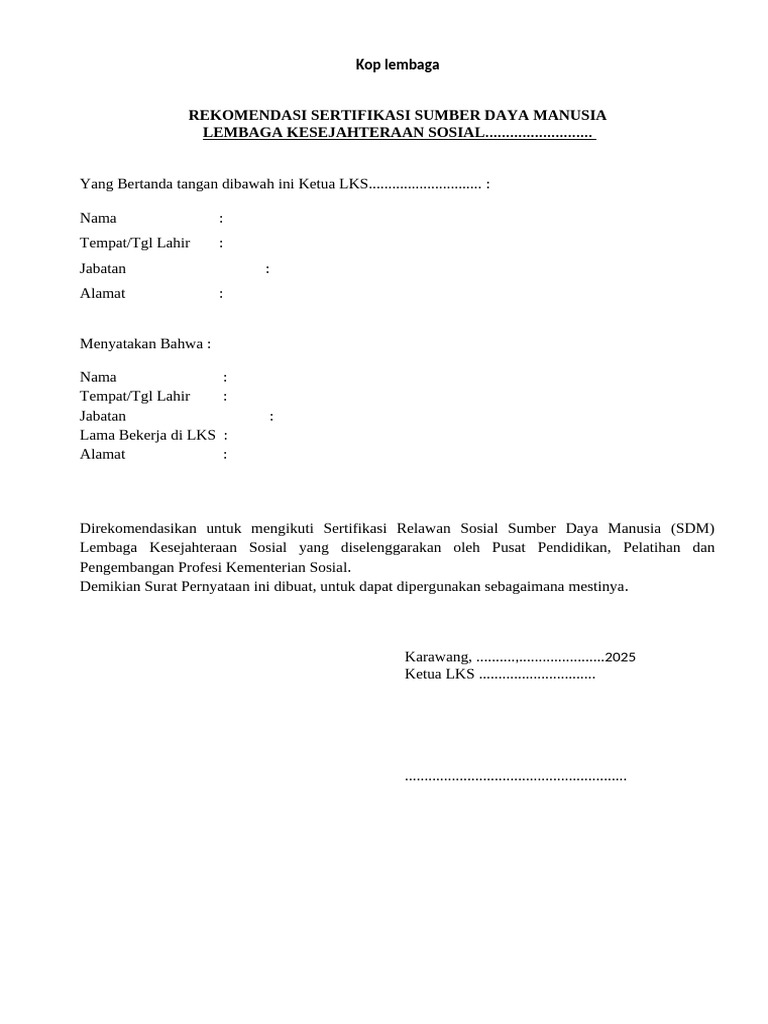 Contoh Rekomendasi Relawan Sosial LKS Tahun 2025 | PDF