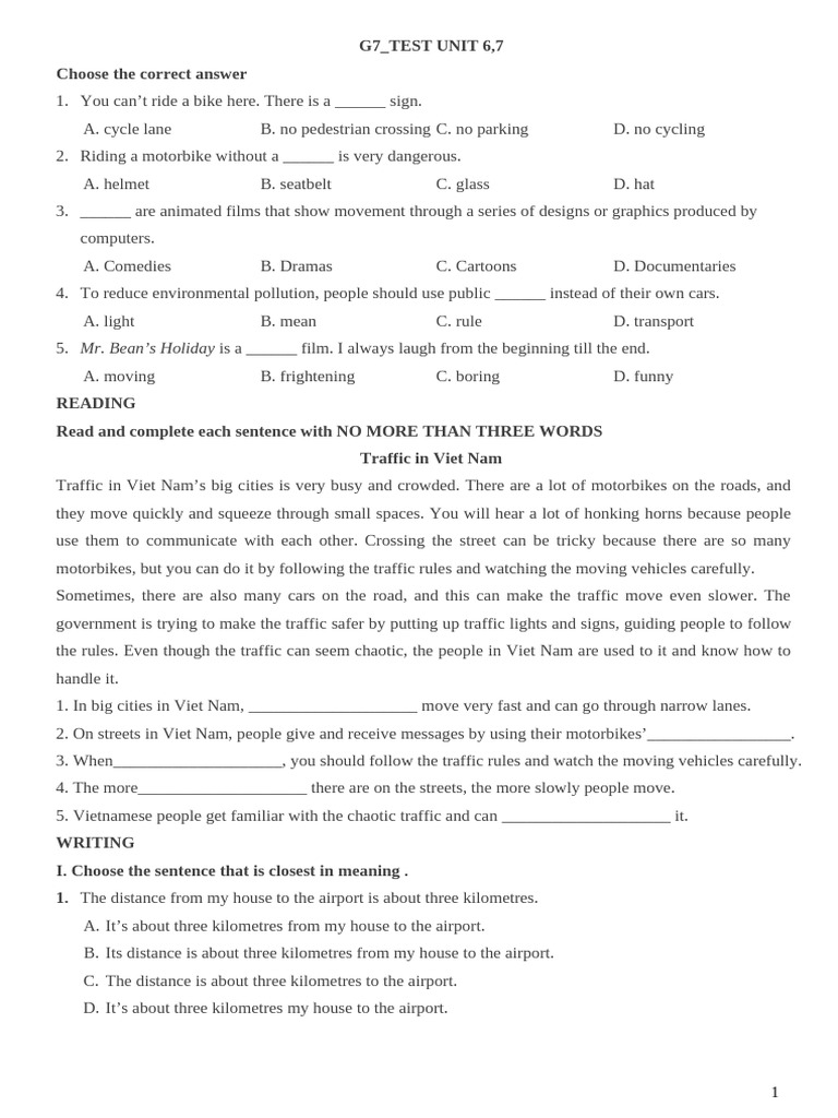 G7 English Test: Units 6-9 Review | PDF | Traffic