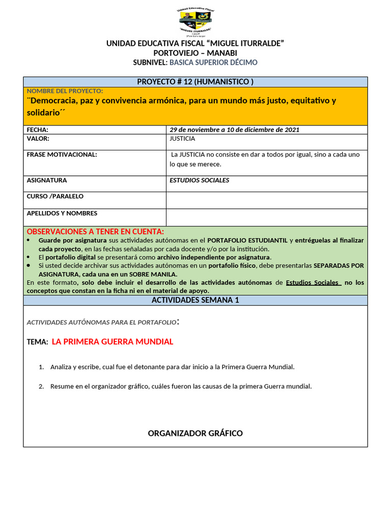 Proy 12 Formato para Entregar Actividades Del Portafolio | PDF | Primera Guerra Mundial