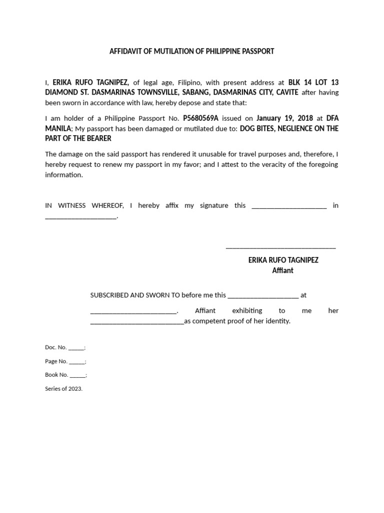 Affidavit of Mutilation of Philippine Passport | PDF