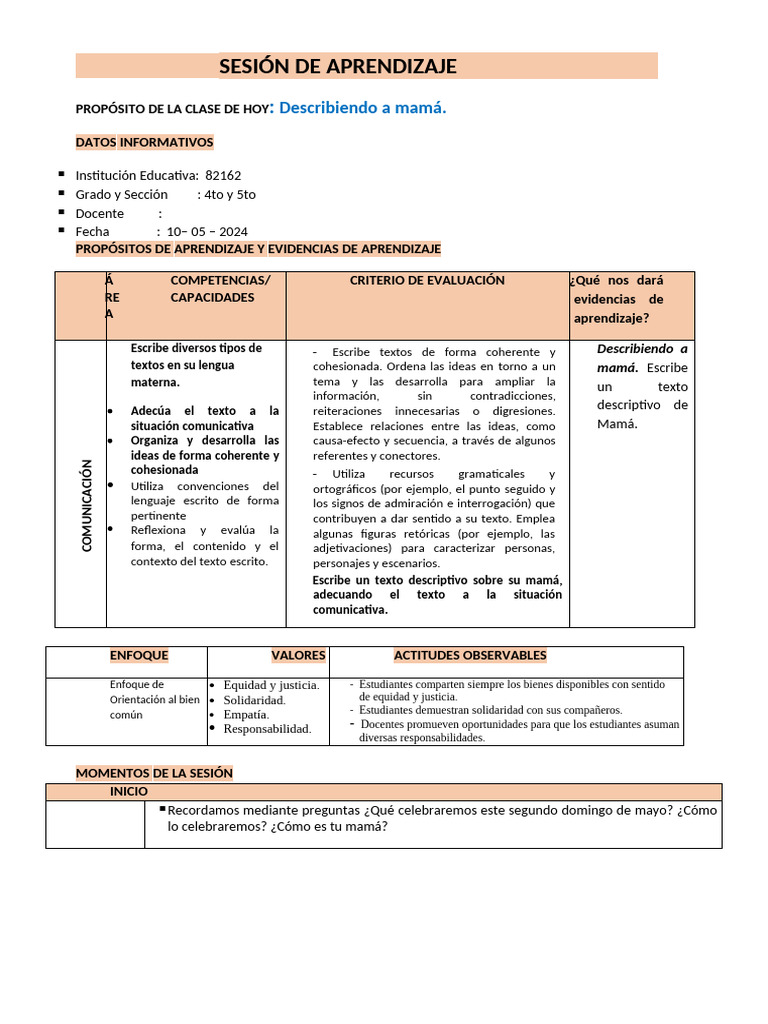 Sesion de Aprendizaje 10 de Mayo Describo A Mama - Compress | PDF | Aprendizaje | Cognición
