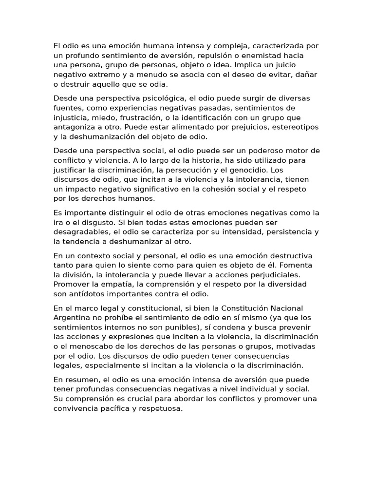 Entendiendo el odio: causas y consecuencias | PDF