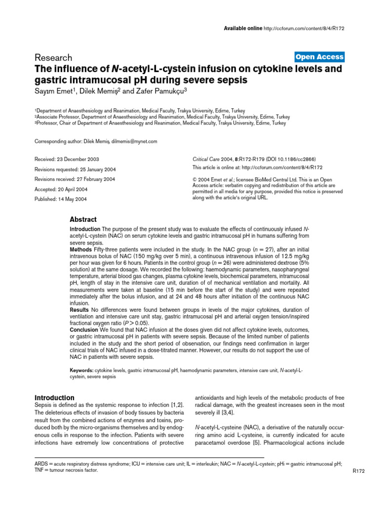NAC Infusion On Gastric Intramucosal PH (Memis 2004) | PDF | Sepsis ...