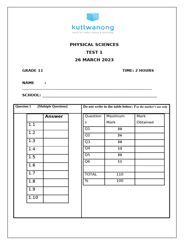GRADE 11 PHYSICAL SCIENCES TEST 1 (26 March 2023) | PDF | Force | Mass