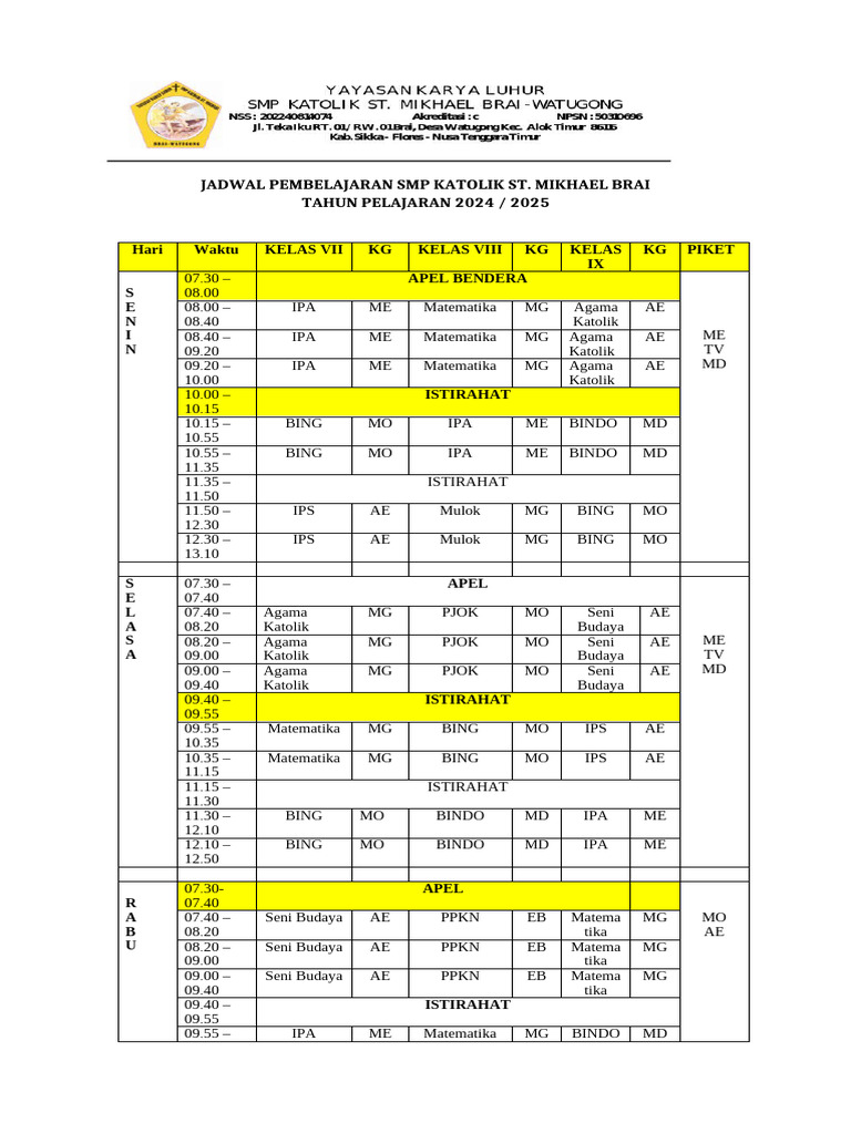 Jadwal Pembelajaran SMP Katolik ST | PDF