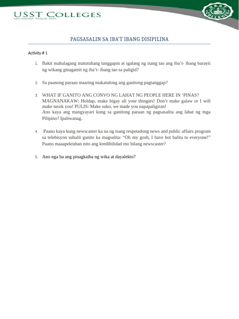 Pagsasalin Activity 1 | PDF