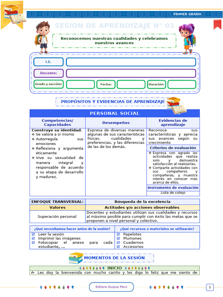 Sesiones de Aprendizaje - Semana 1 - UDA II - Editora Quipus Perú | PDF | Aprendizaje | Evaluación
