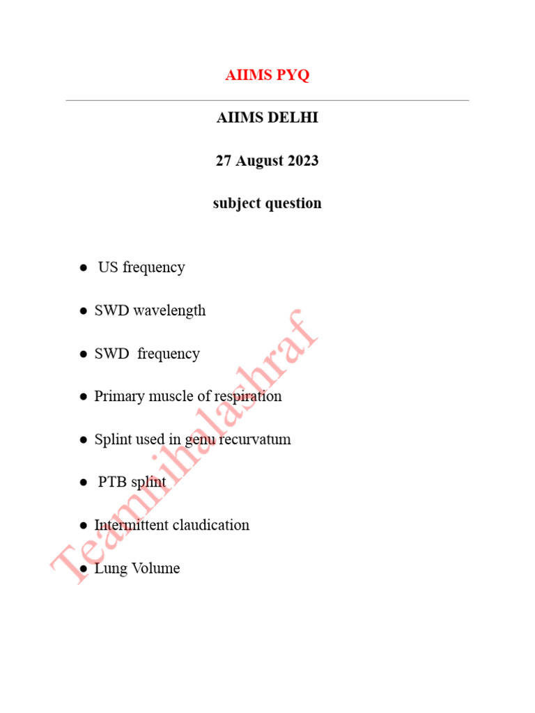 AIIMS Physiotherapy Past Questions | PDF