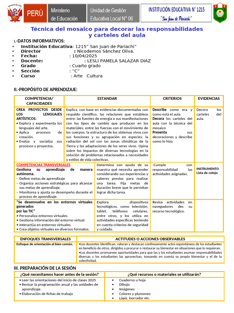 SESION Arte - Lesli - 4to | PDF | Mosaico | Aprendizaje