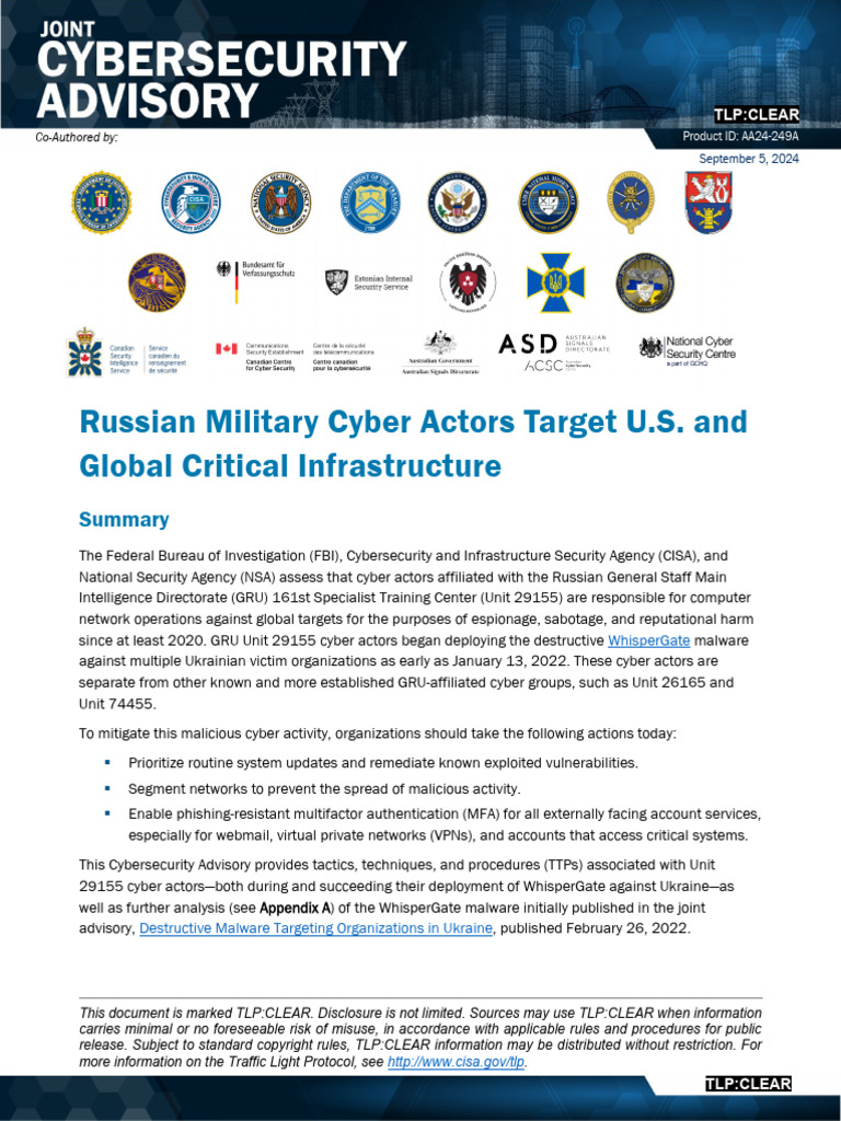 Joint cybersecurity agencies, Russian Military Cyber Actors Target U.S ...