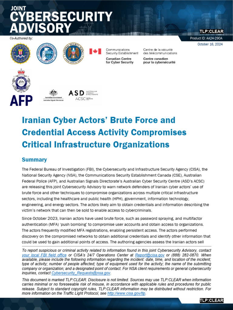 Joint Cybersecurity Agencies, Iranian Cyber Actors' Brute Force ...