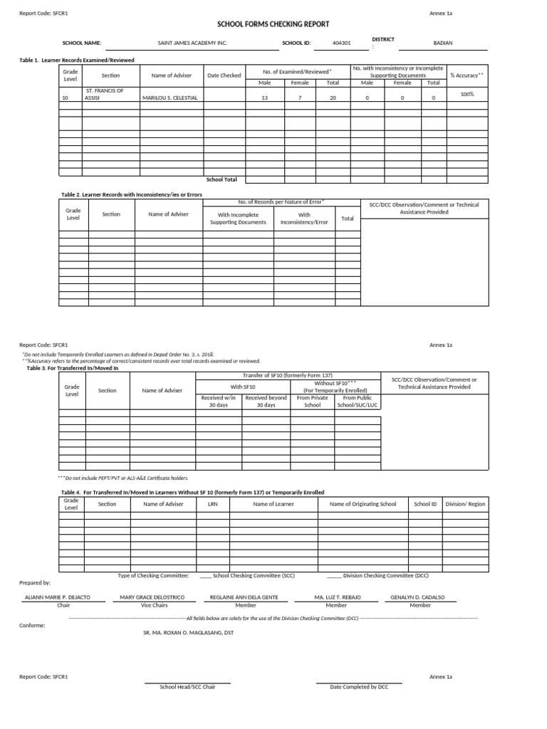 Annex 1a School Forms Checking Report GRADE 10 | PDF