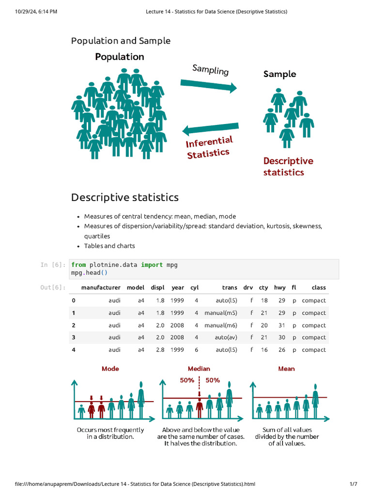 Lecture 14 - Statistics for Data Science (Descriptive Statistics) | PDF | Descriptive Statistics ...