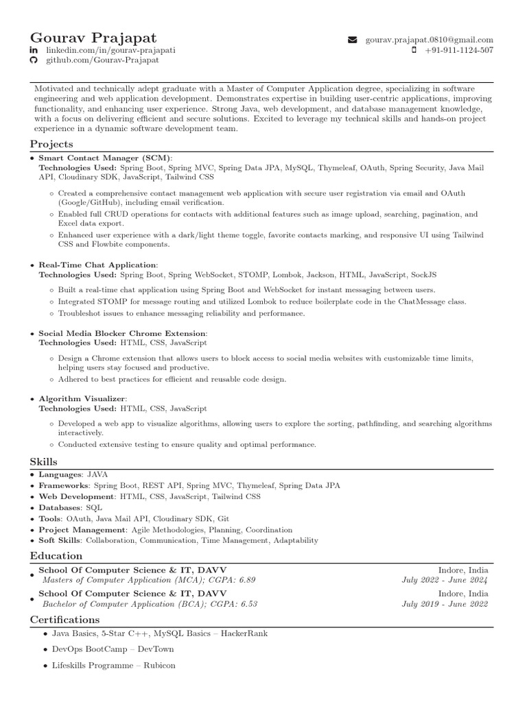 Gourav Prajapat Resume.pdf | PDF | Web Development | Java (Programming Language)