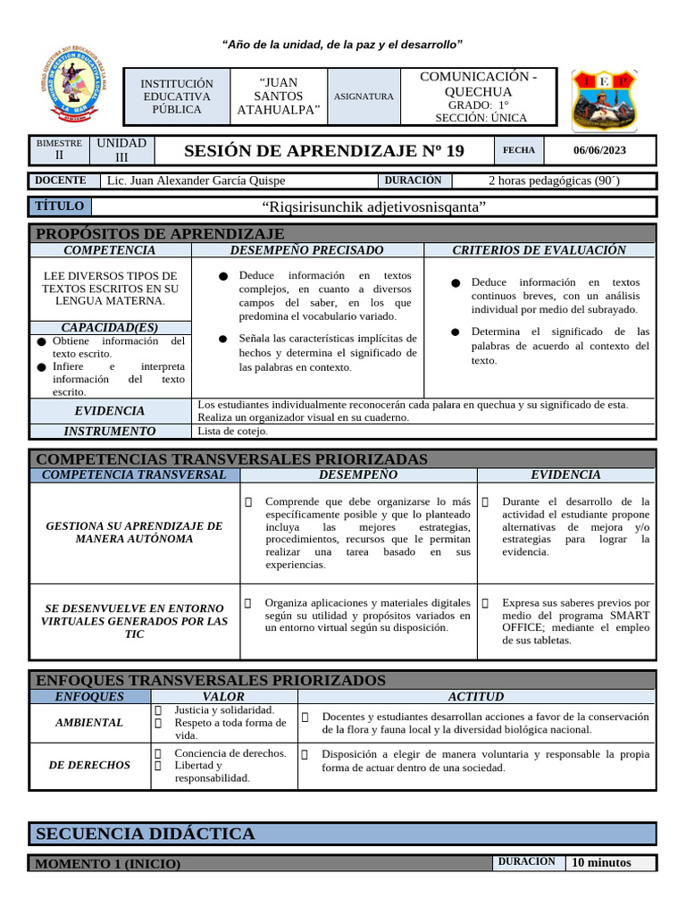 S-A Adjetivos en Quechua 1ro y 2do | PDF | Aprendizaje | Adjetivo