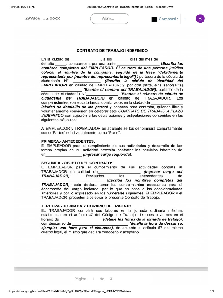 Contrato de Trabajo Indefinido | PDF