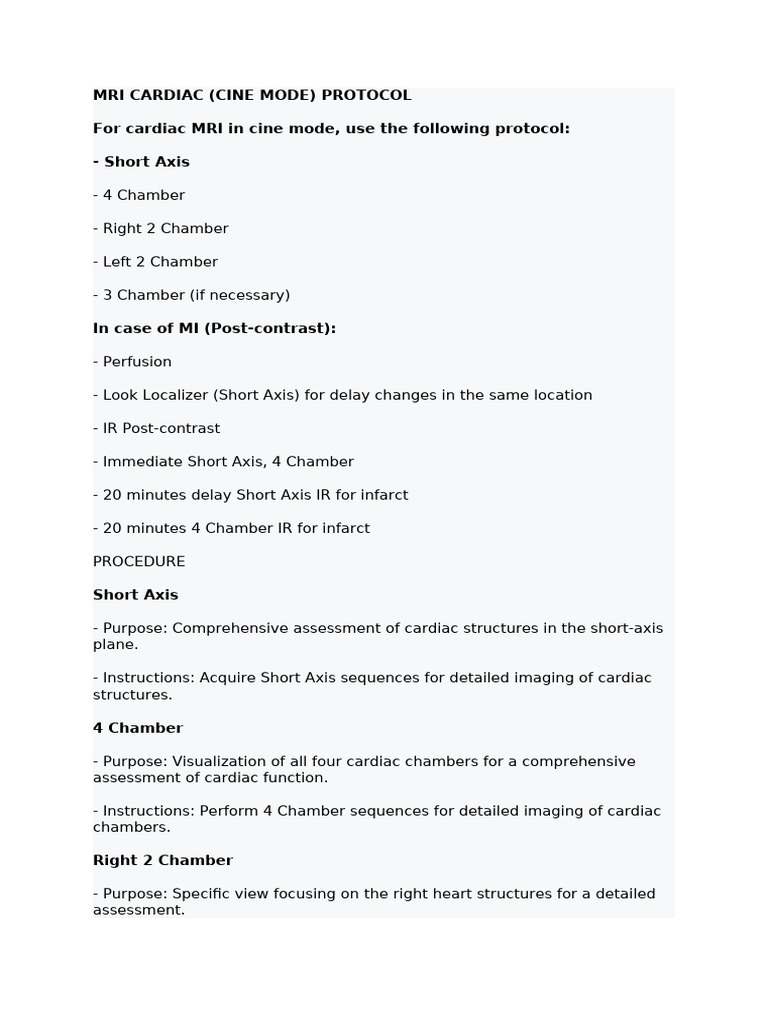 Mri Cardiac (Cine Mode) Protocol For Cardiac MRI in Cine Mode, Use The ...