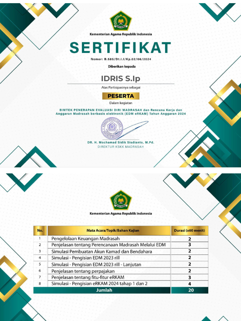 19 Sertifikat IDRIS S.Ip MTs DARUL HUDA AL-IKHWAN ROMBEL 5 | PDF