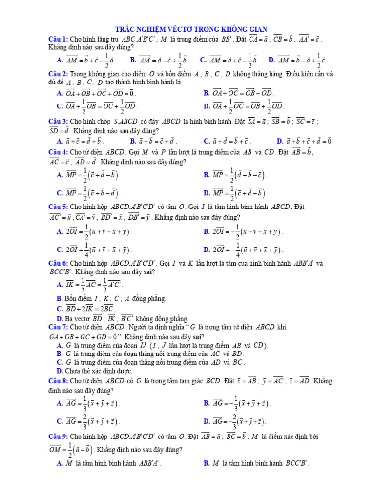 Trac Nghiem Vec To Trong KG 1 Gui HS | PDF