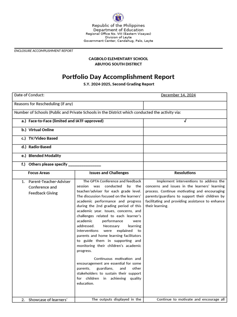 ACR 2nd Quarter Portfolio Day Cagbolo ES | PDF | Learning | Teachers