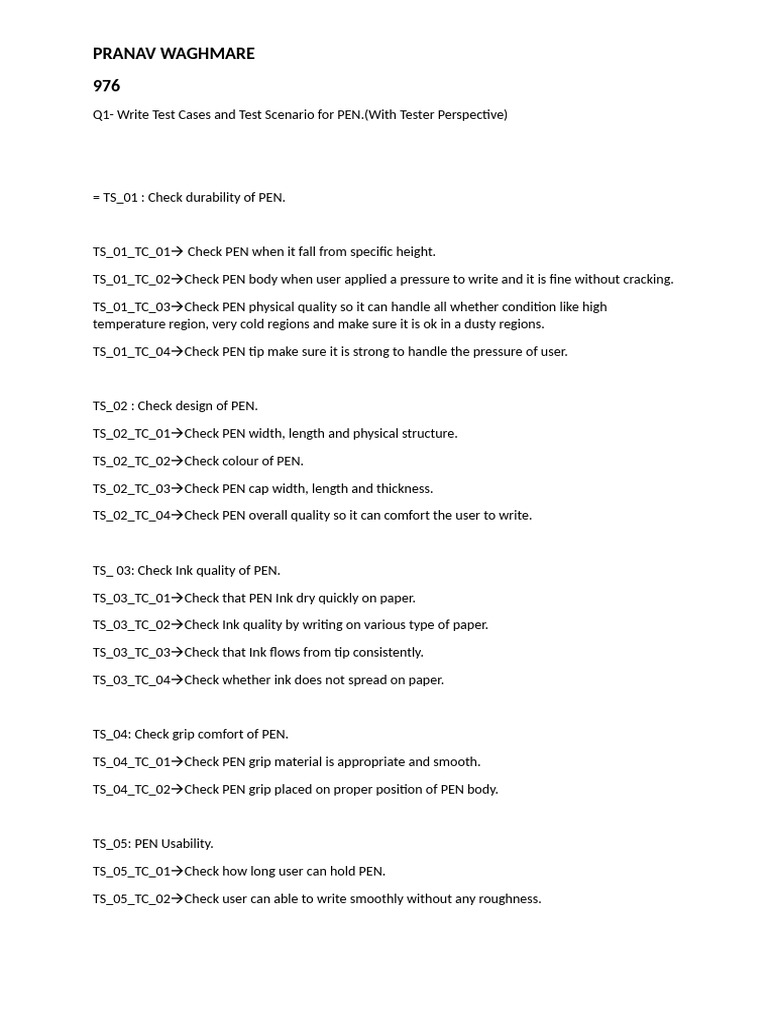 Test Cases and Scenarios for Pen | PDF
