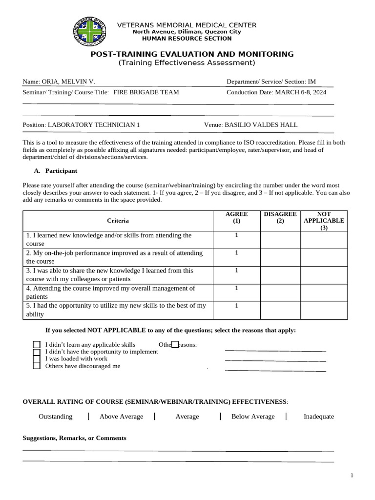 Post-Training Evaluation Form | PDF