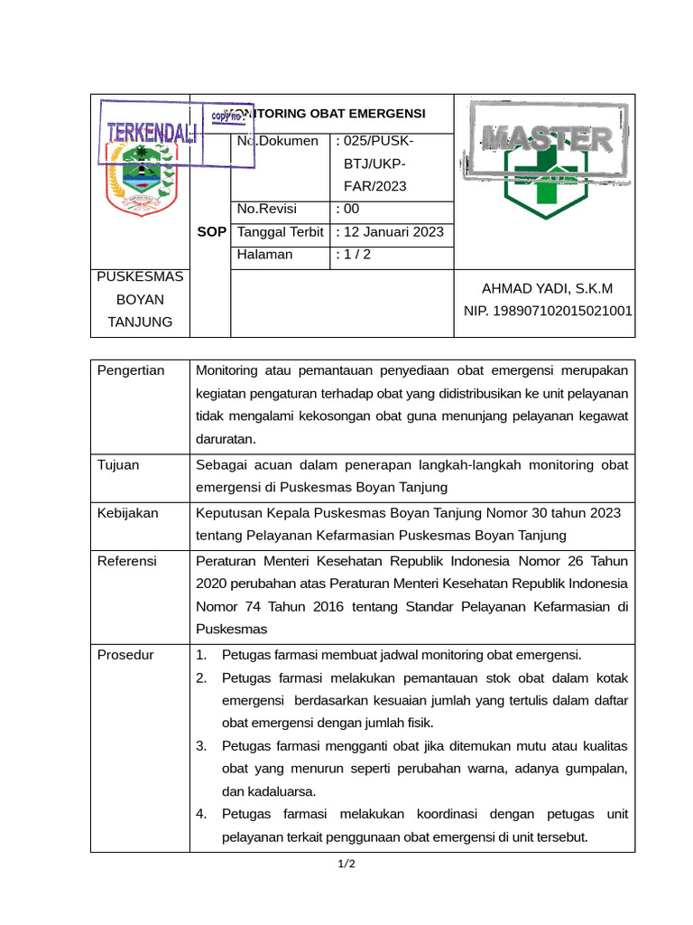 Sop Monitoring Obat Emergensi | PDF