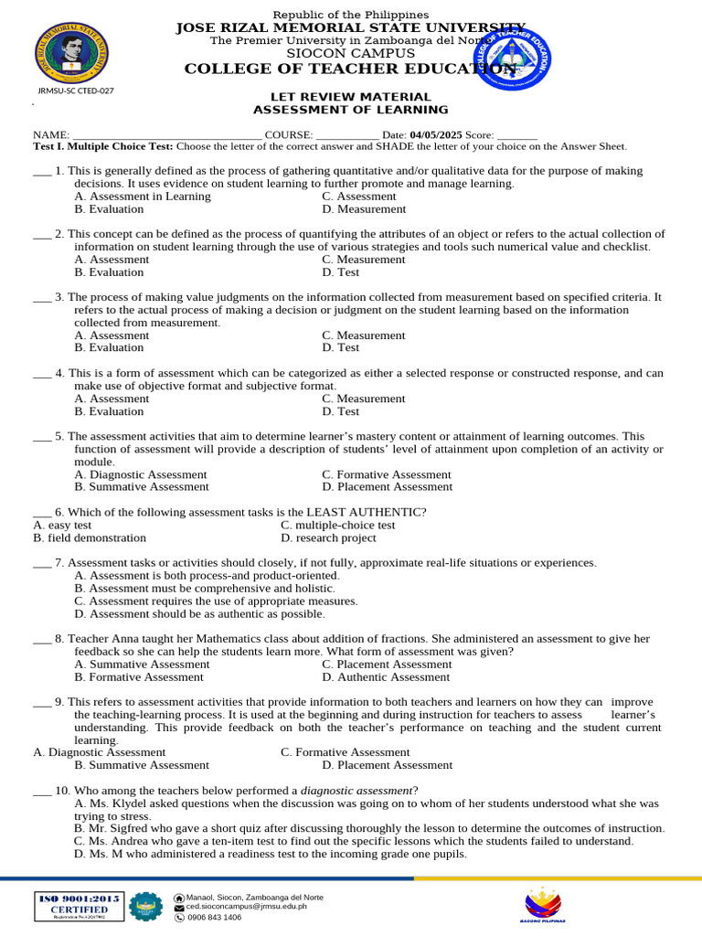 LET Review: Assessment of Learning | PDF | Educational Assessment ...