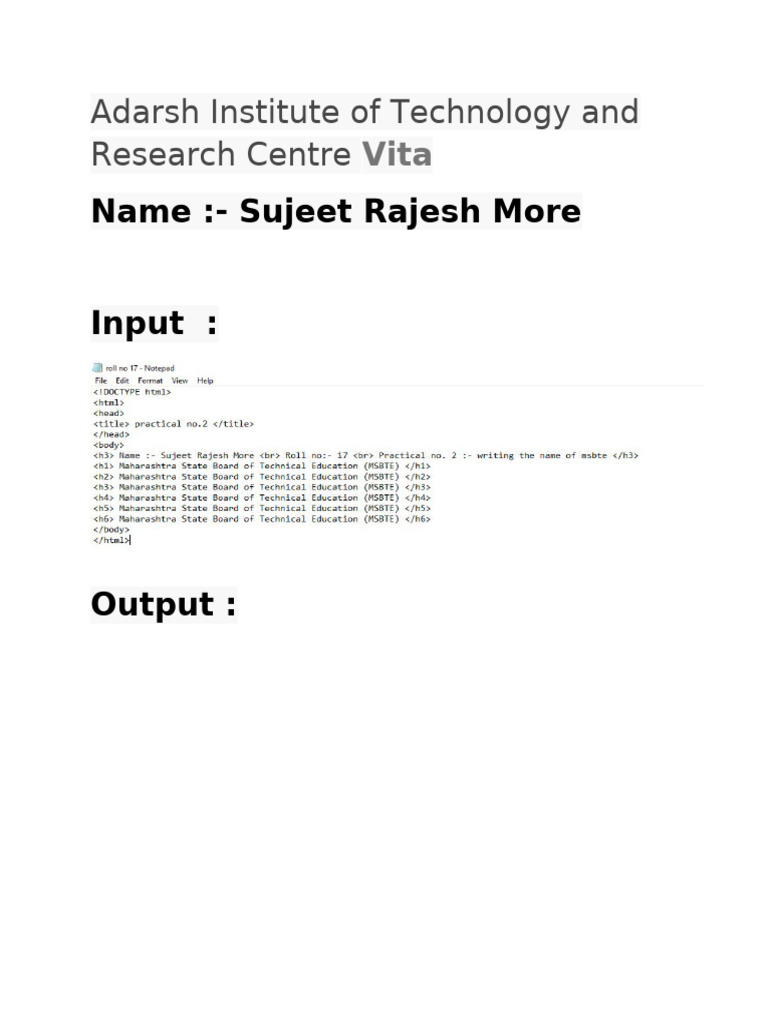 Name:-Sujeet Rajesh More Input:: Adarsh Institute of Technology and ...