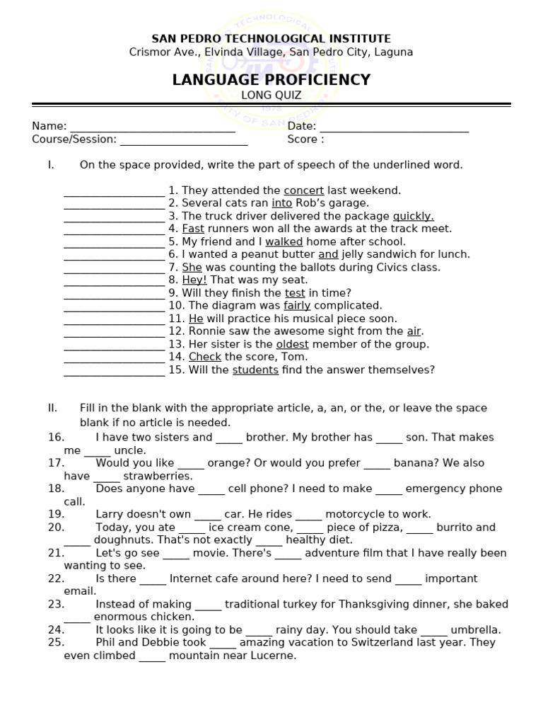 Long Quiz-Parts of Speech 138 | PDF