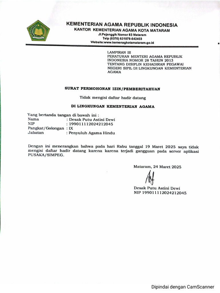 Surat Ijin Absen Eror Desak Dewi | PDF