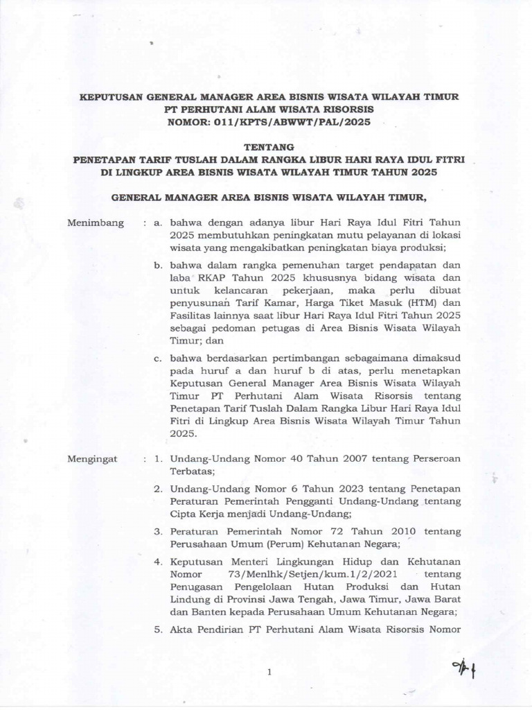 SK Tarif Tuslah Libur Lebaran 2025 | PDF