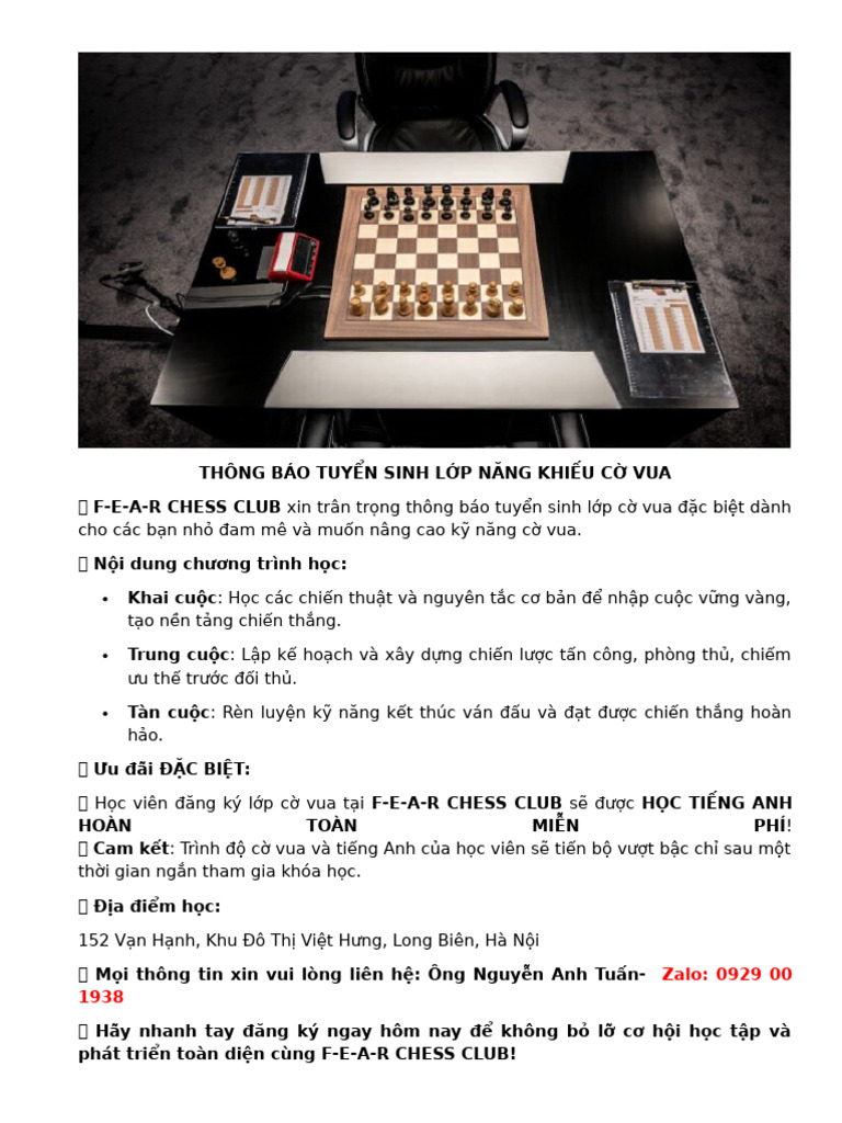 THÔNG BÁO TUYỂN SINH LỚP NĂNG KHIẾU CỜ VUA | PDF